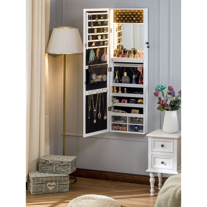 Hokku Designs Mirror Jewelry Cabinet 79 LED Lights Wall Mount Door Hanging Armoire Lockable Storage Organizer W Drawers White Wayfair